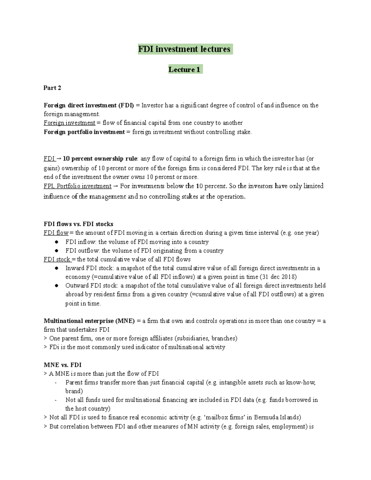 FDI lectures - College-aantekeningen 1-7 - Foreign direct investment ...