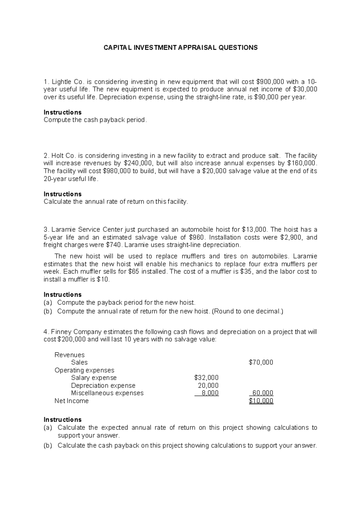 Investment appraisal 2 - CAPITAL INVESTMENT APPRAISAL QUESTIONS Lightle ...
