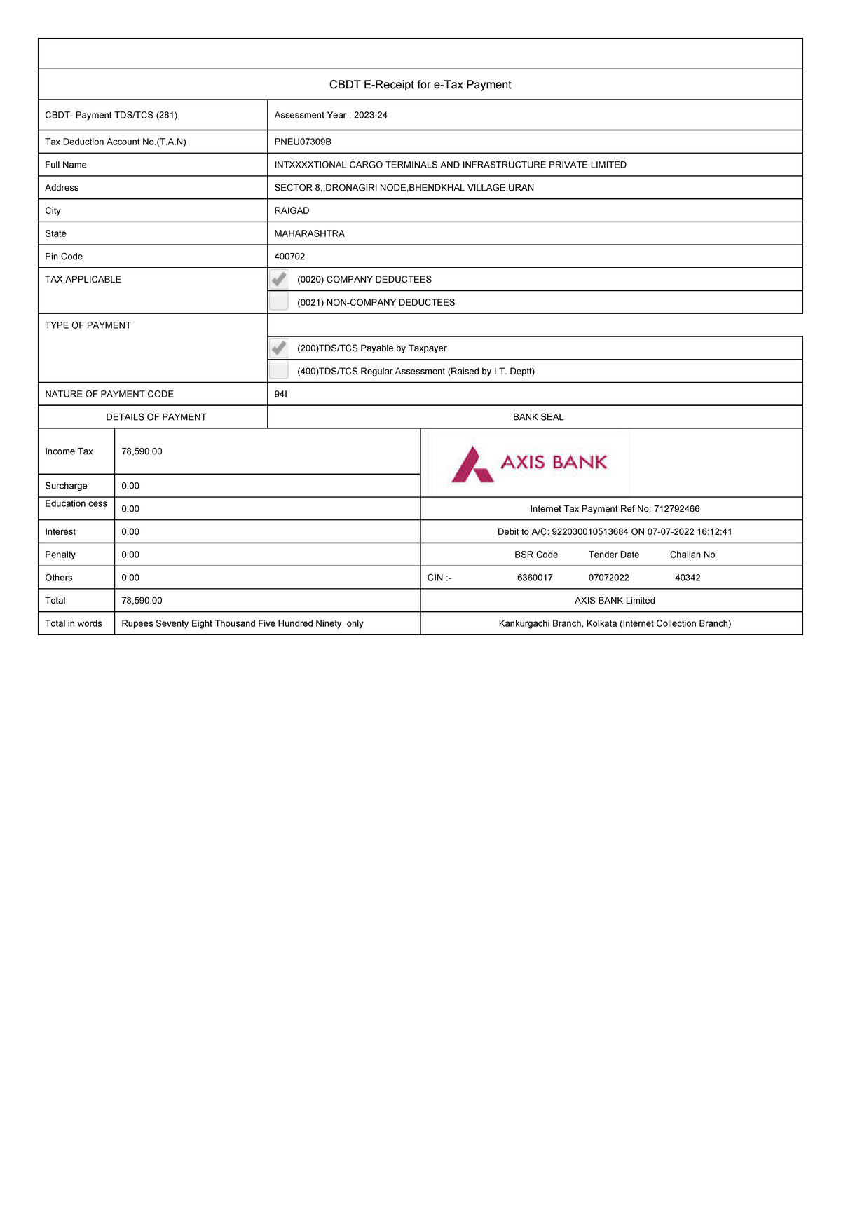 Cbdtsmchallan Form 07-07-2022 - CBDT E-Receipt for e-Tax Payment CBDT ...