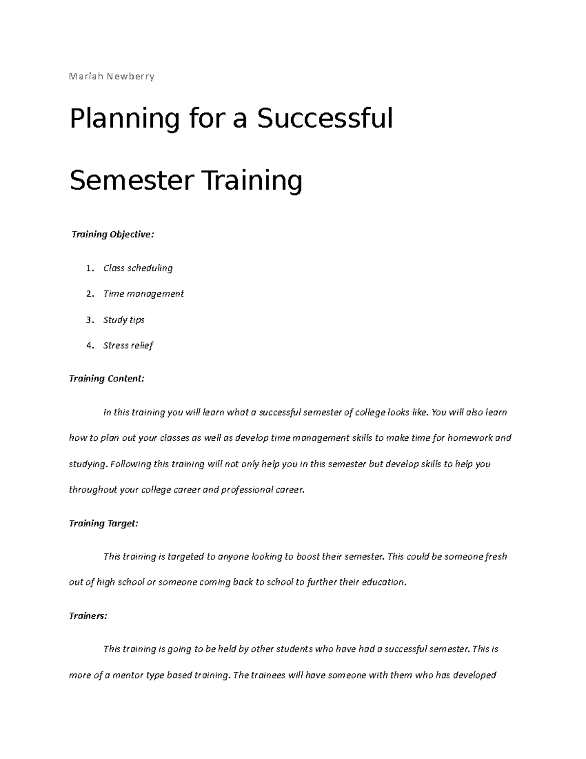 Training Project - Mariah Newberry Planning for a Successful Semester ...