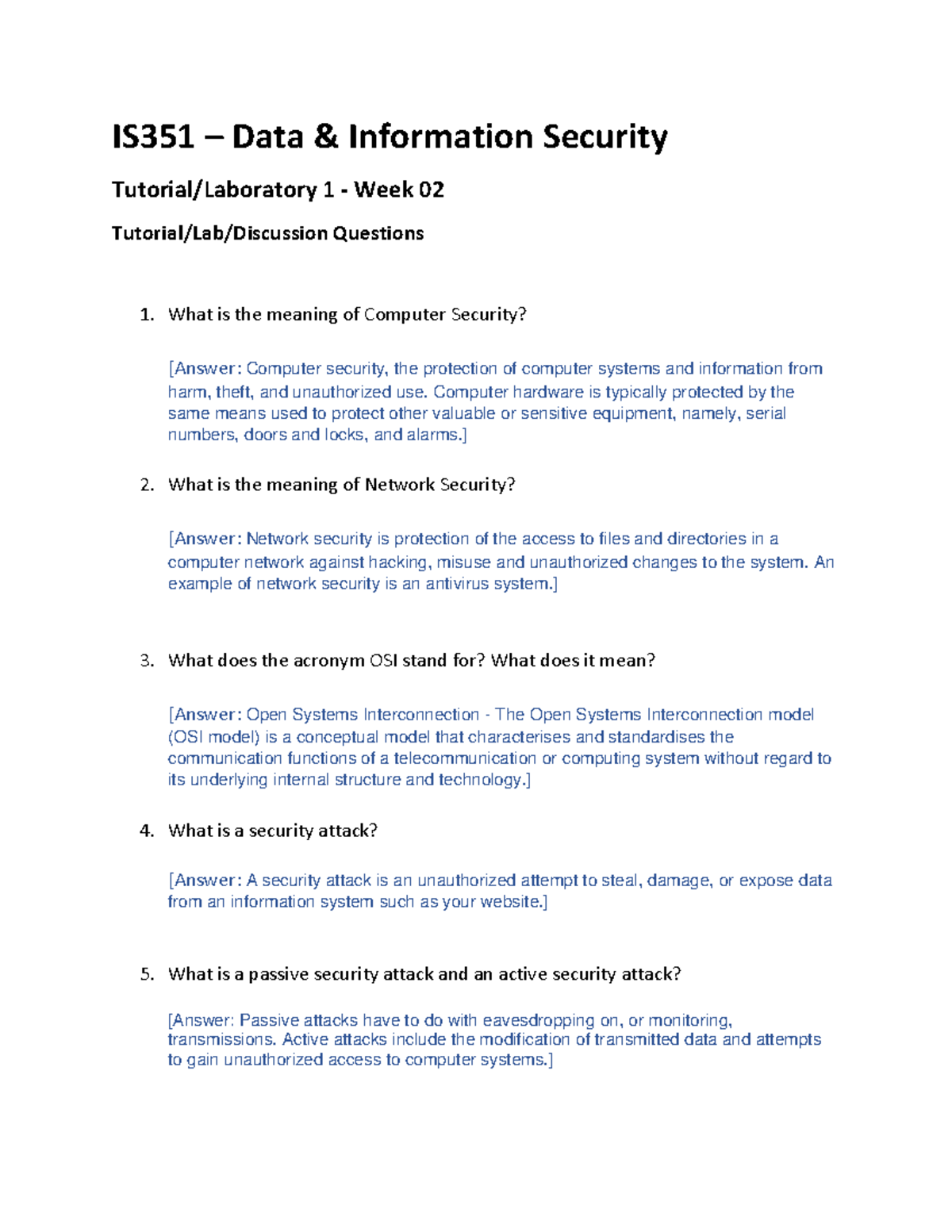 Lab 1 - Week 2 Answers - Notes - IS351 – Data & Information Security ...