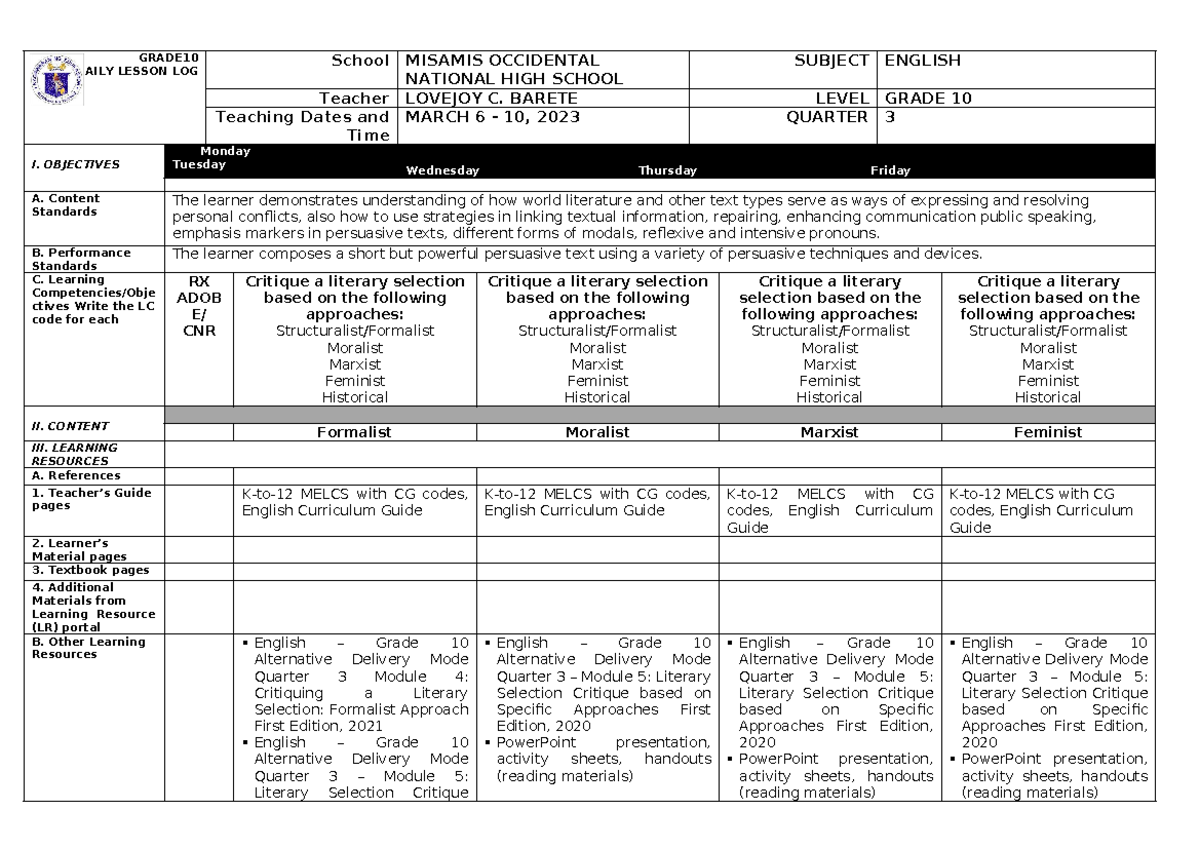 DLL March 6 10 G10 - Lecture notes for you to scan. - GRADE DAILY ...