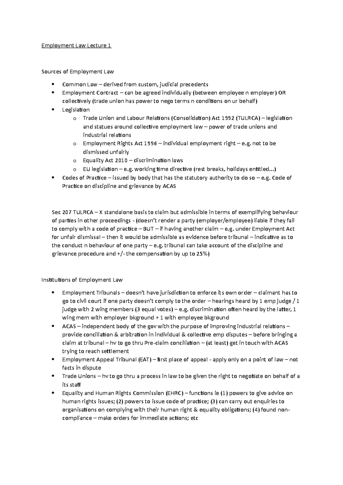 Employment Law Lecture 1 (own notes) - Employment Law Lecture 1 Sources ...