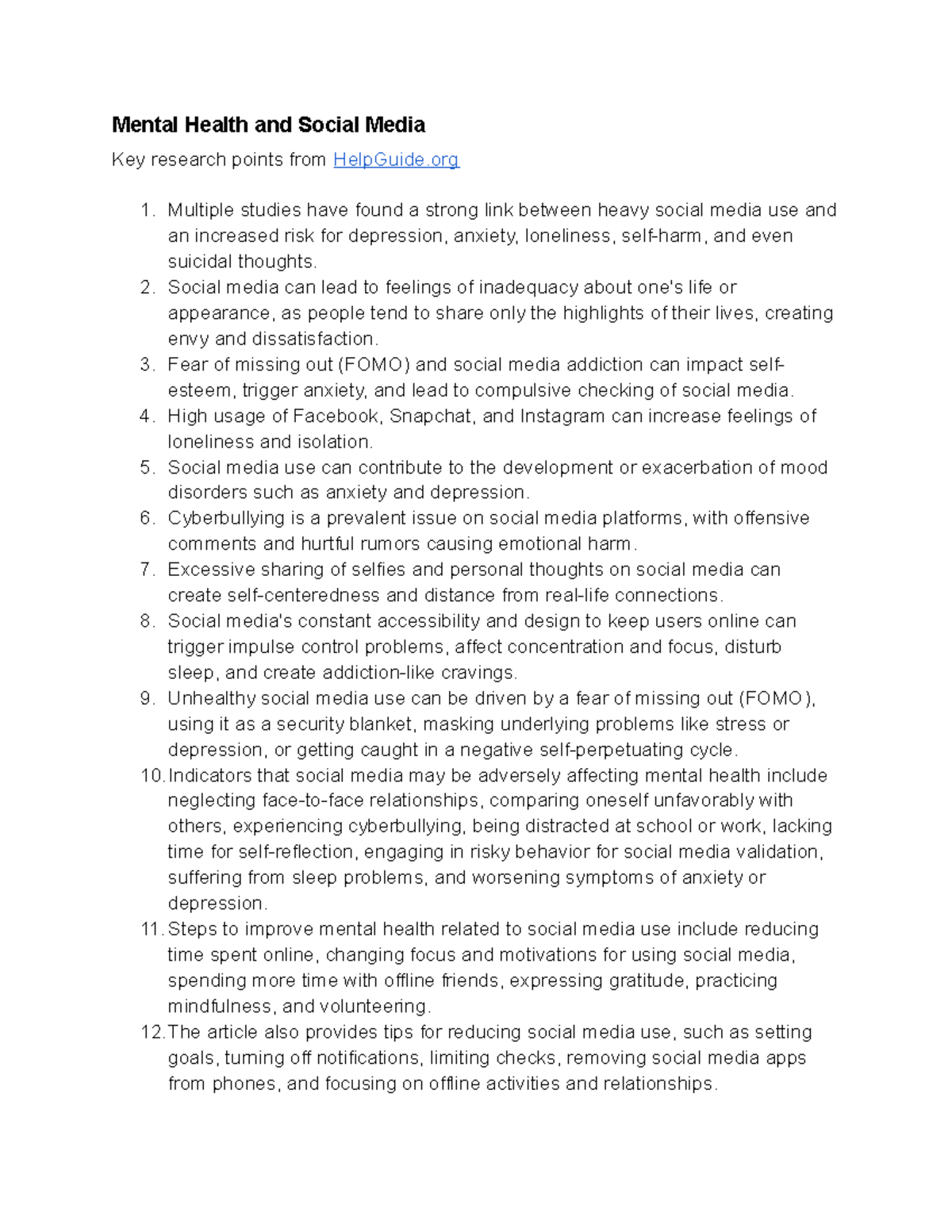 Mental Health and Social Media - Research Points - Mental Health and ...