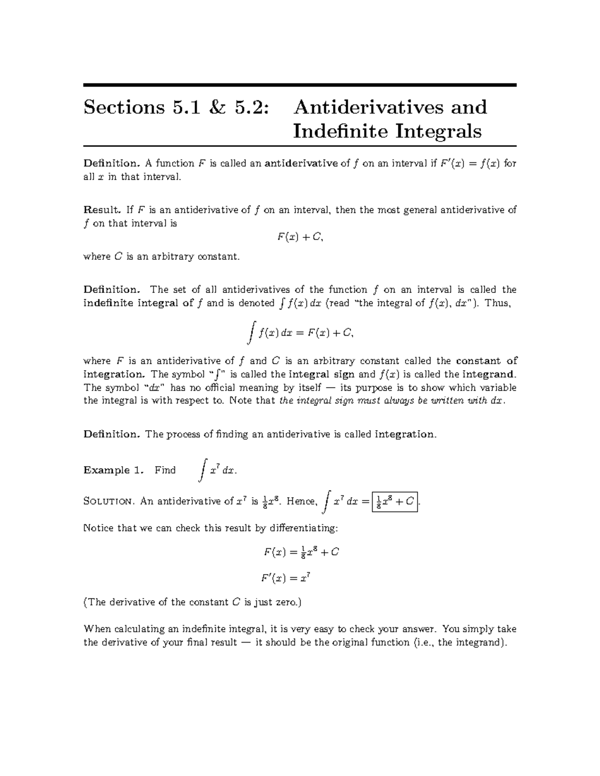 Anti-derivative worksheet - Indefinite Integrals Definition. A function ...