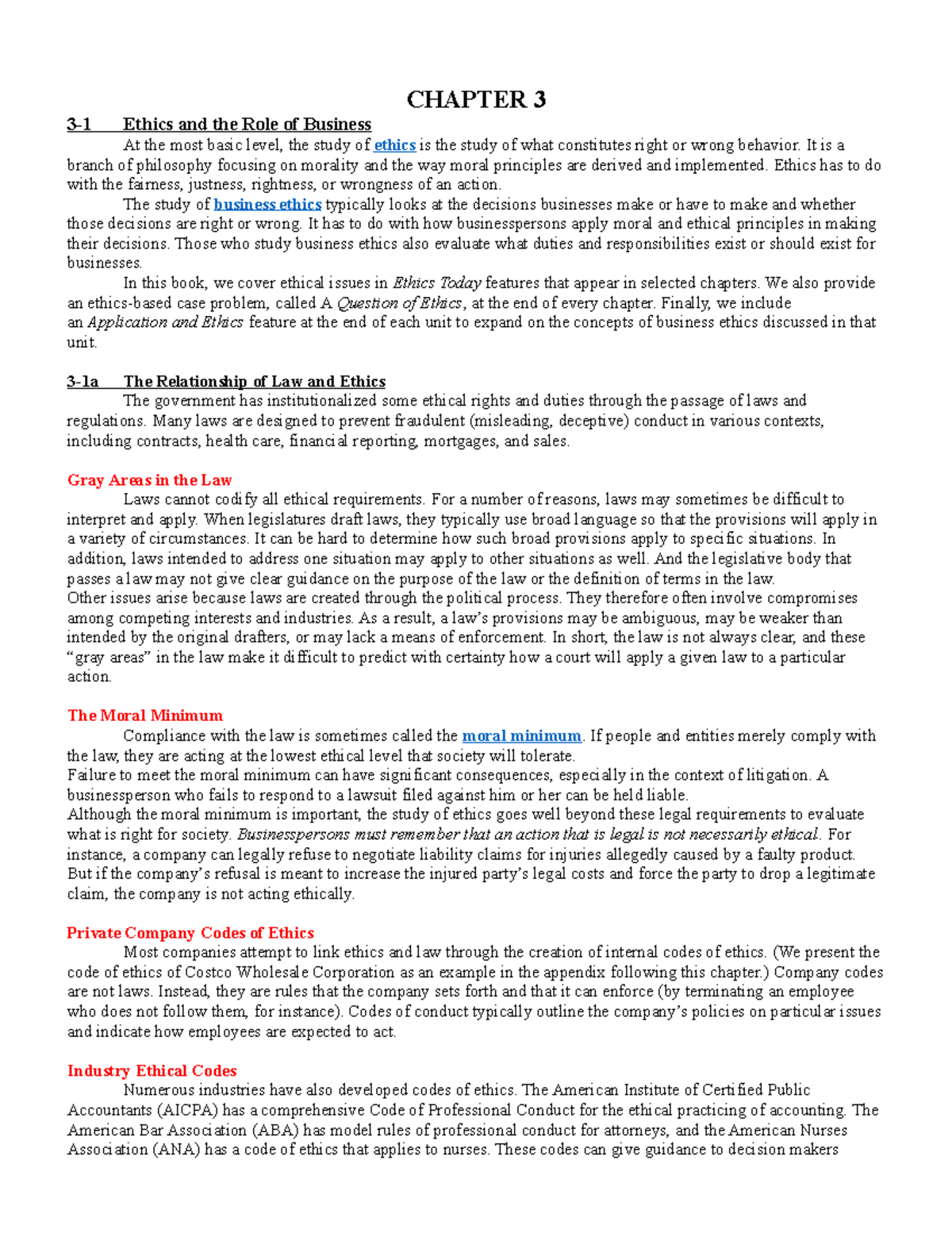 Law and Business Chapter 3 and 4 - CHAPTER 3 3-1 Ethics and the Role of ...