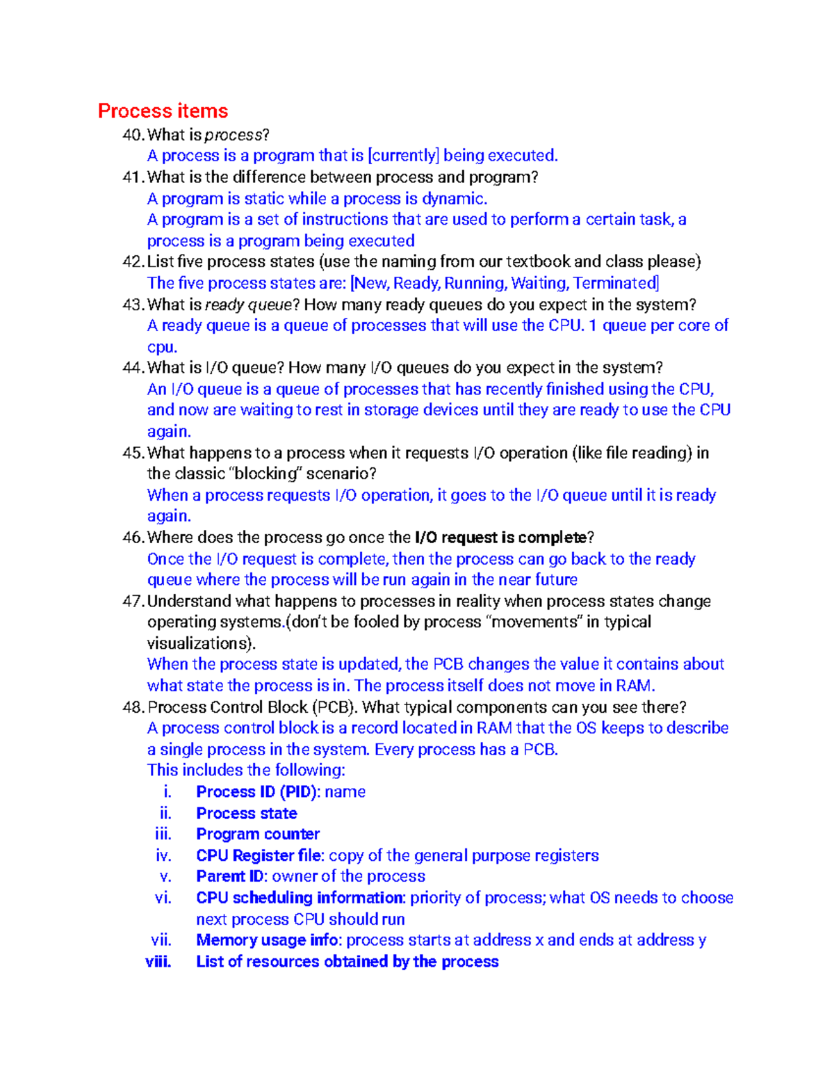 CSCI 340 Review for Process Items - Process items What is process? A ...