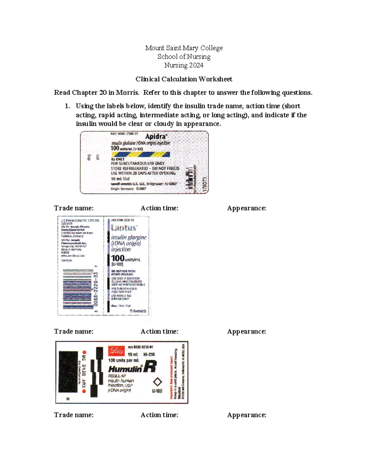 Clinical calculation worksheet 5 - Insulin - Mount Saint Mary College ...