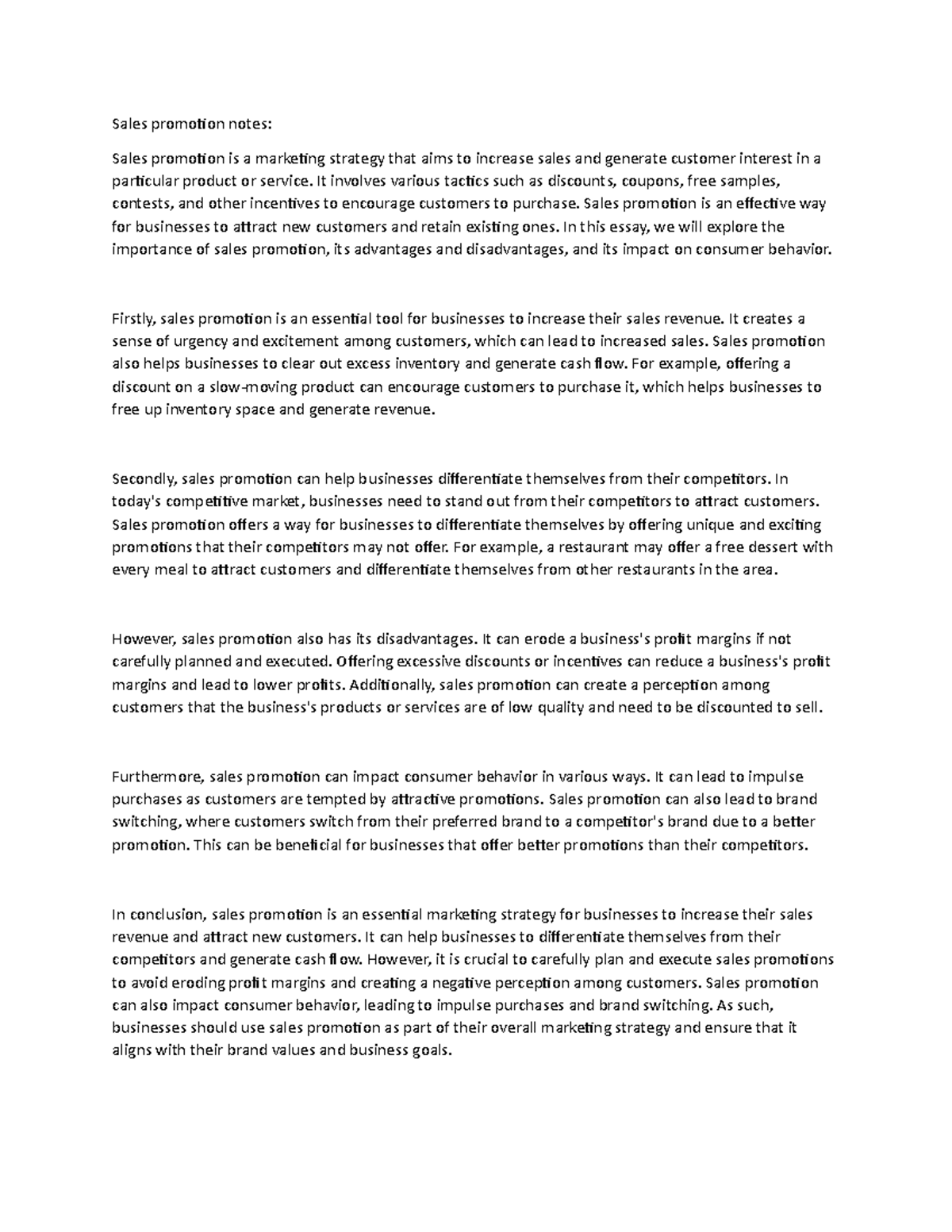 1 - Notes - Sales promotion notes: Sales promotion is a marketing ...