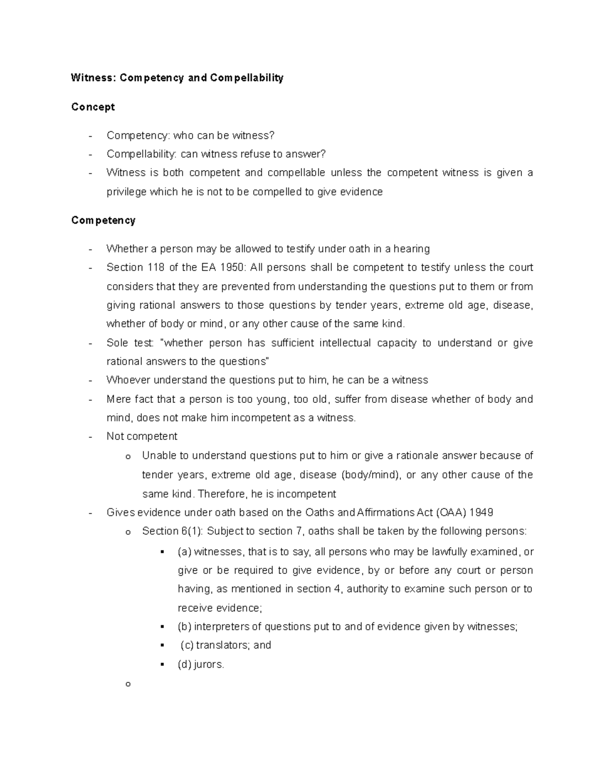 Notes on Witness Evidence PART 1 - Witness: Competency and ...