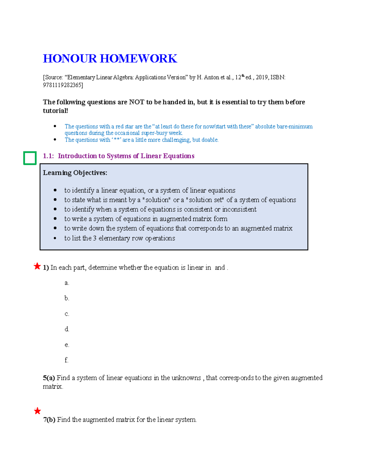 homework questions - HONOUR HOMEWORK [Source: “Elementary Linear ...