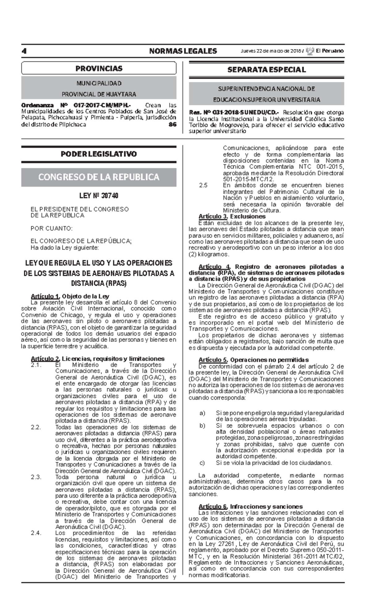 Resolusion LEY 30740 Operacion EN Zonas Urbanas - 4 NORMAS LEGALES ...