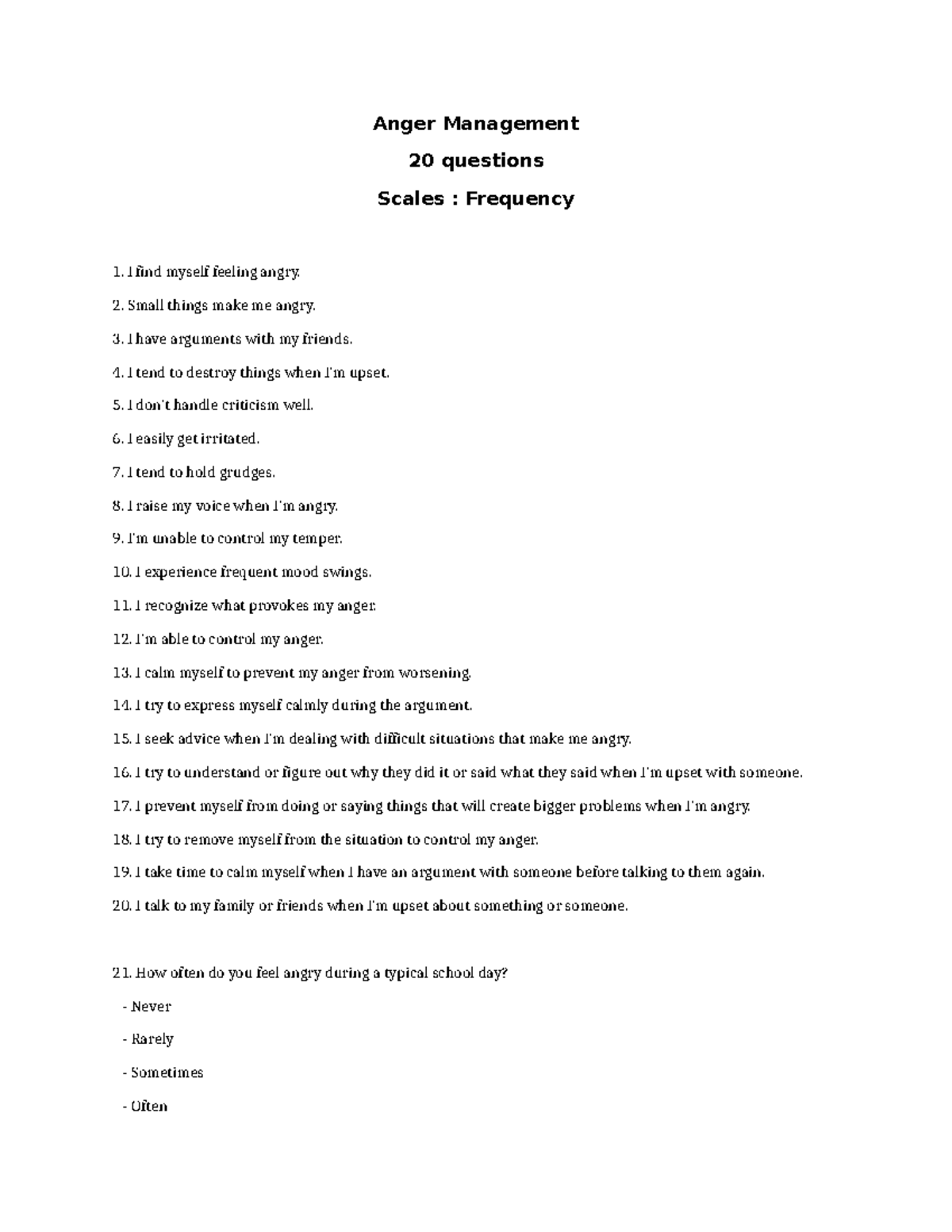 Anger Management Questions Group 2 - Anger Management 20 questions ...