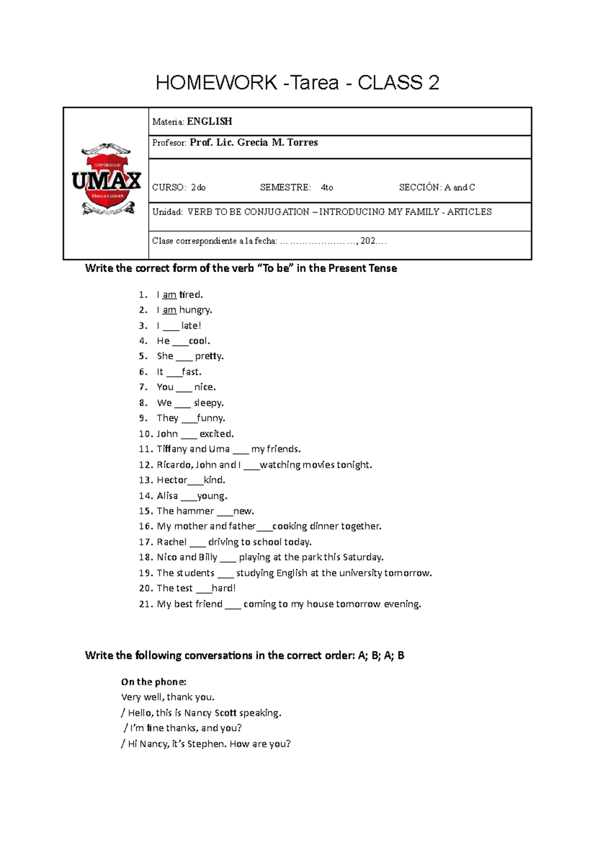 Class # 2 - Preparing FOR TEST 2 - HOMEWORK -Tarea - CLASS 2 Materia ...