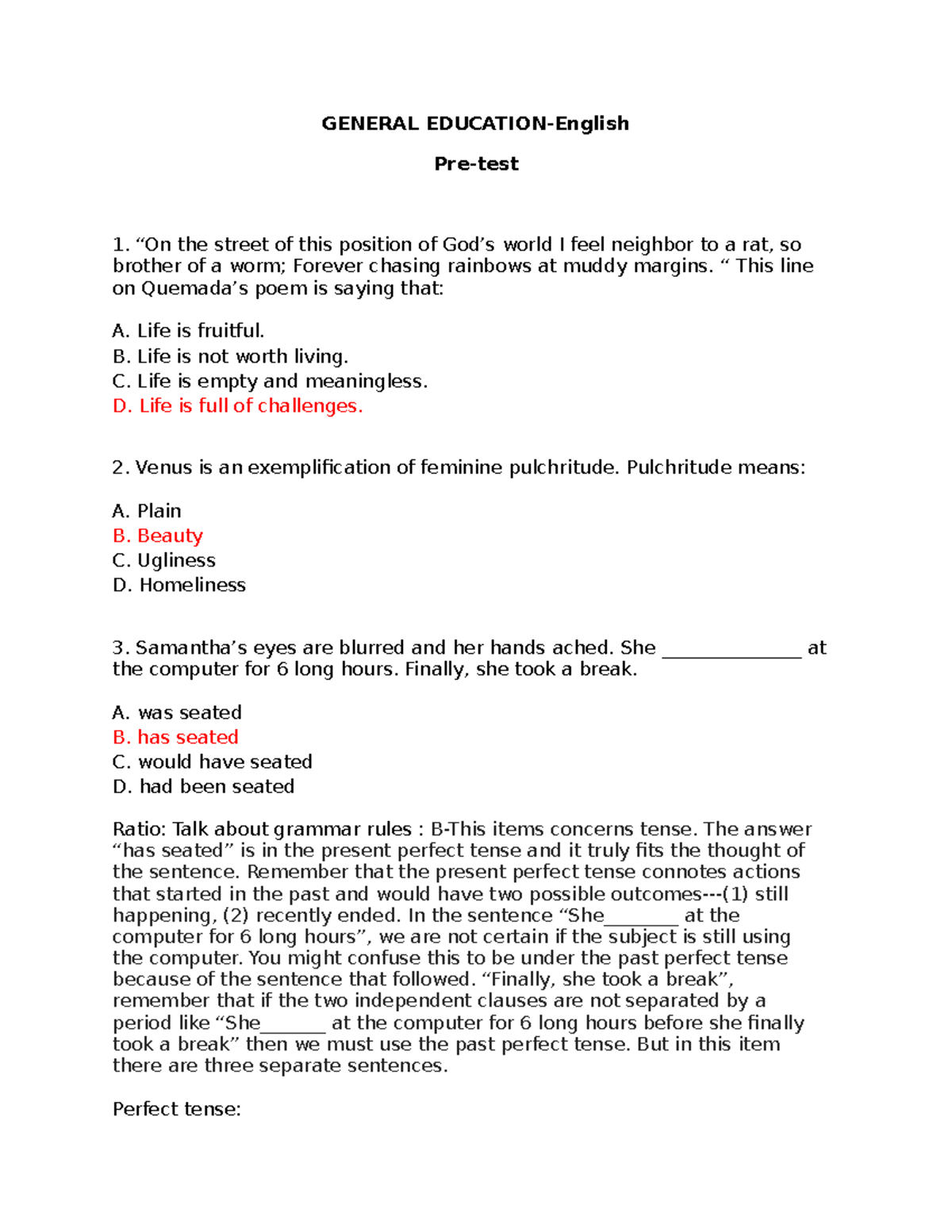 Gened answer key - PRACTICE MATERIAL - GENERAL EDUCATION-English Pre ...