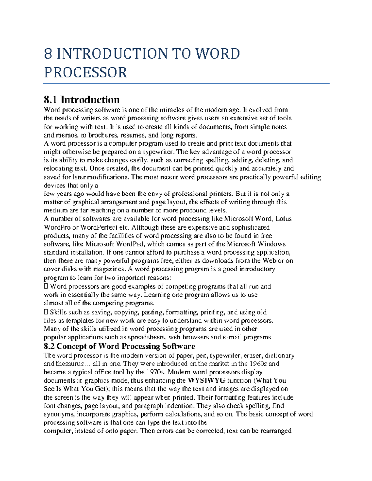 8 Introduction TO WORD Processor - 8 INTRODUCTION TO WORD PROCESSOR 8 Introduction Word ...