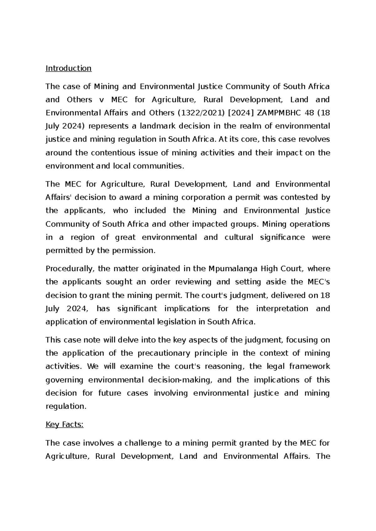 Environment Law Assignment - Introduction The case of Mining and ...
