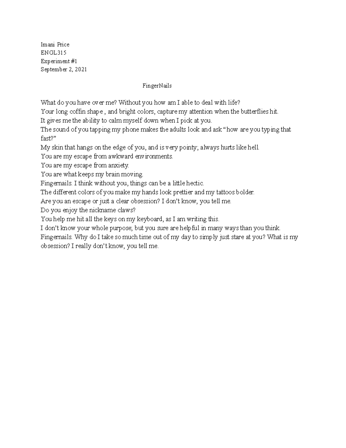 Obsession - Assignment for Creative Non-Fiction - Imani Price ENGL ...