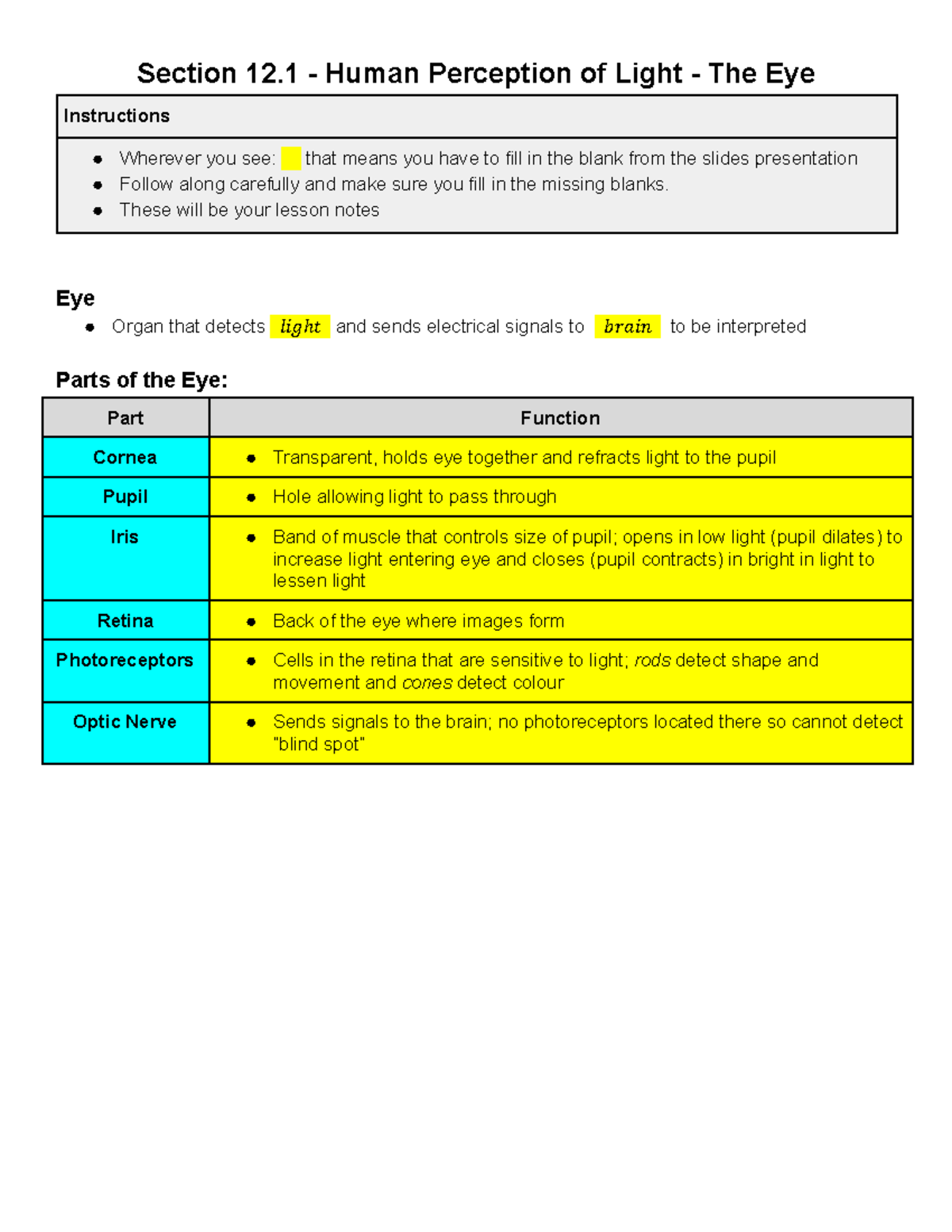 12.1 Human Eye [Student Notes] - Google Docs - Section 12 - Human ...