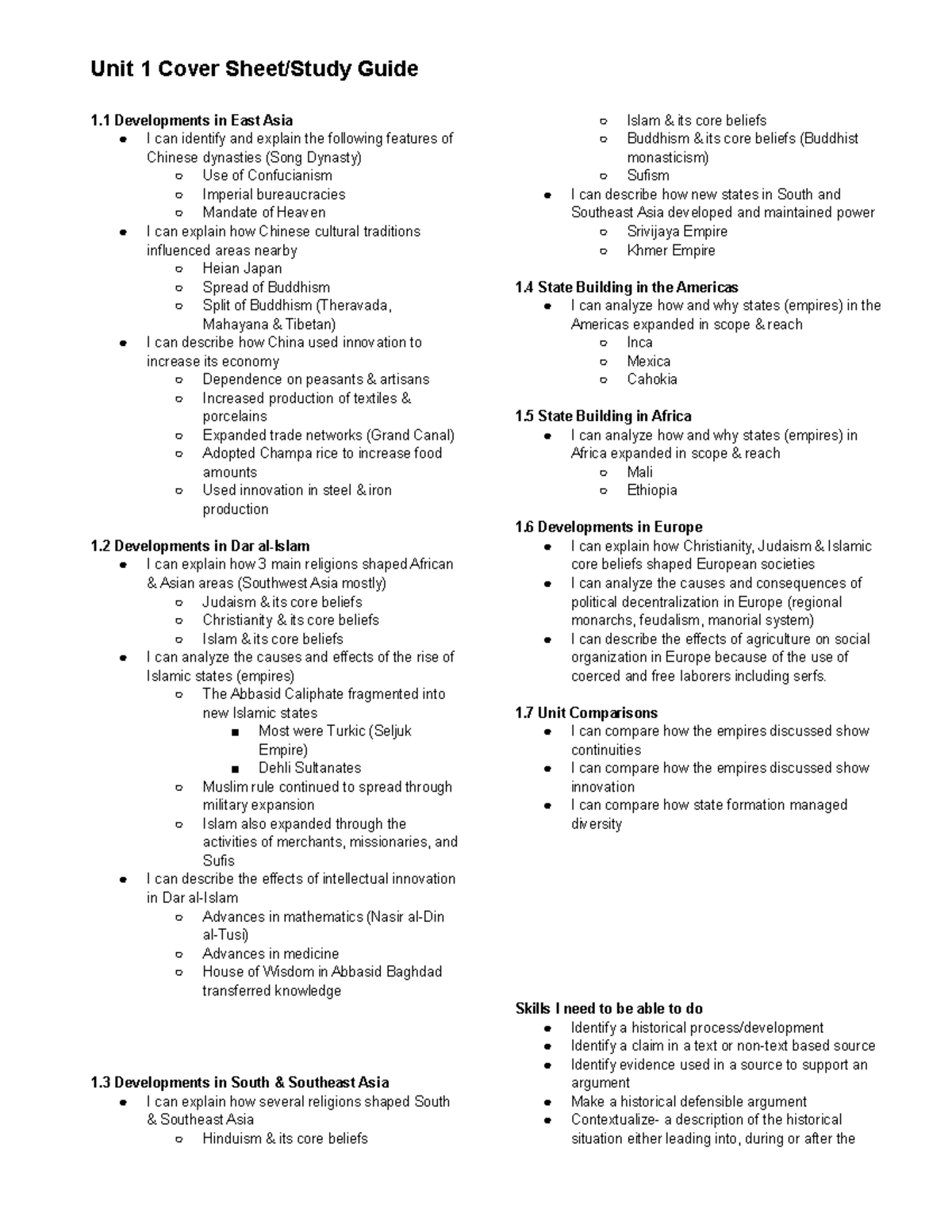 Unit 1 Cover Sheet Study Guide - 1 Unit Comparisons I can compare how ...