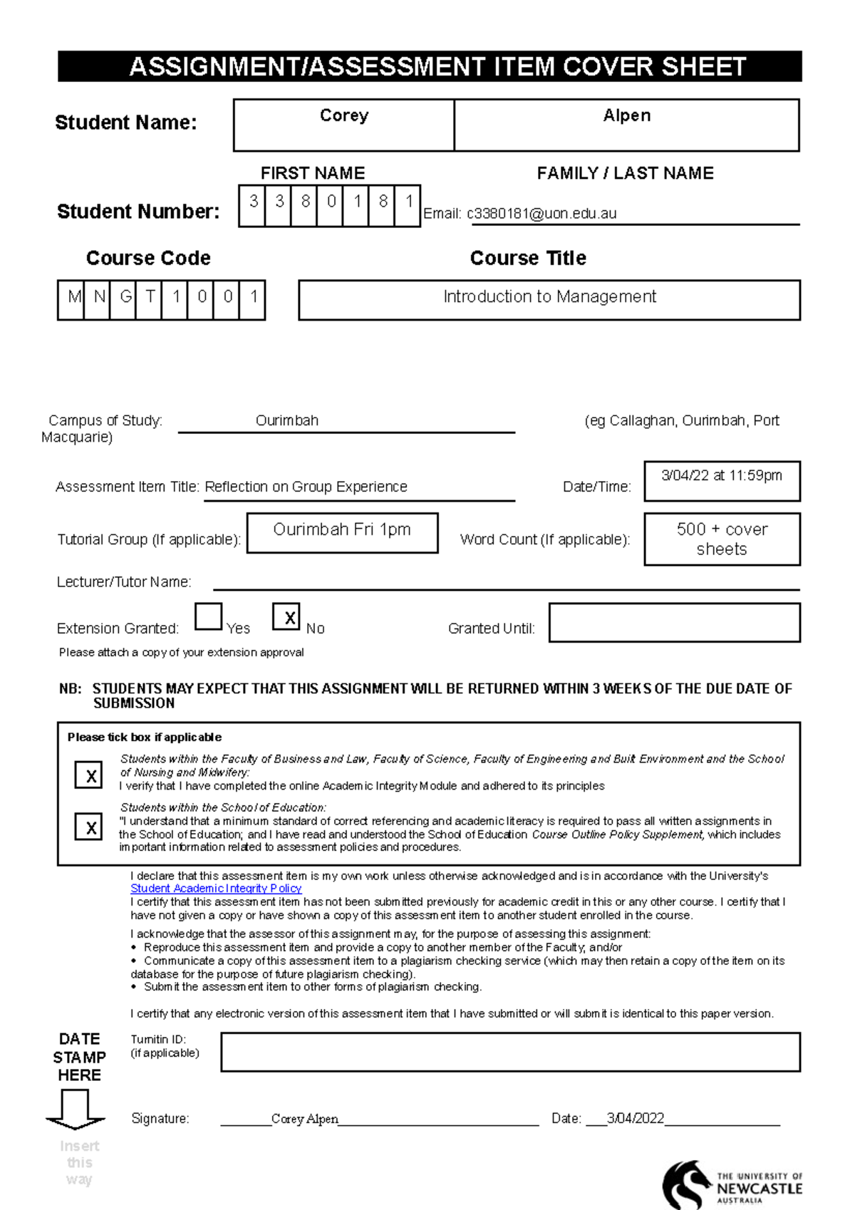 Reflection Final - MNGT1001 - ASSIGNMENT/ASSESSMENT ITEM COVER SHEET ...