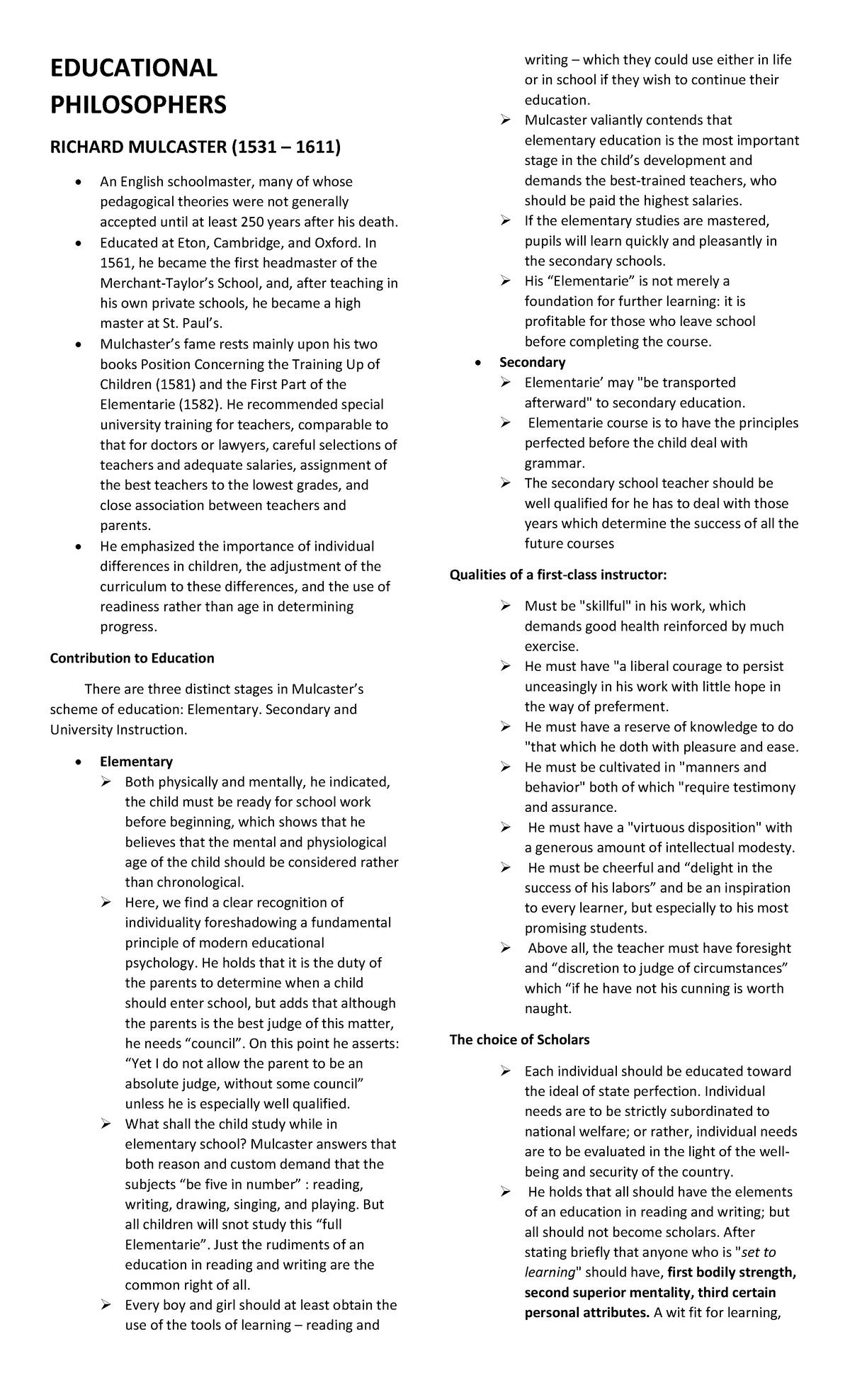 FOED- Midterms - lectures - EDUCATIONAL PHILOSOPHERS RICHARD MULCASTER ...