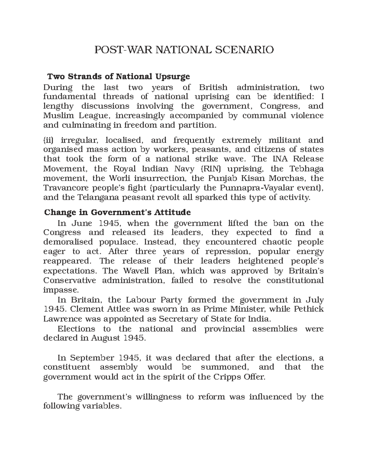 POST-WAR National Scenario - POST-WAR NATIONAL SCENARIO Two Strands of ...