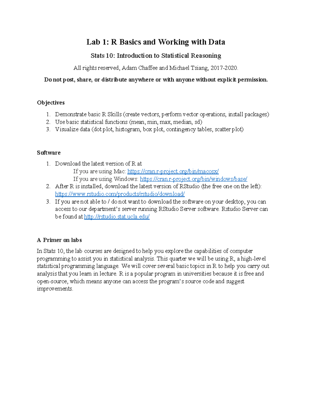 Lab1 - lab 1 - Lab 1: R Basics and Working with Data Stats 10: Introduction to Statistical ...