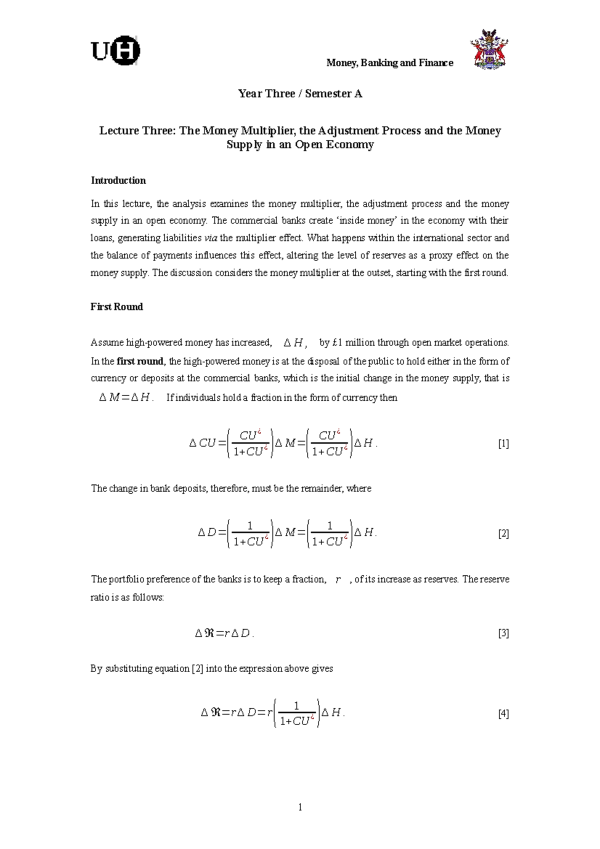 The Money Multiplier, the Adjustment Process and the Money Supply in an ...