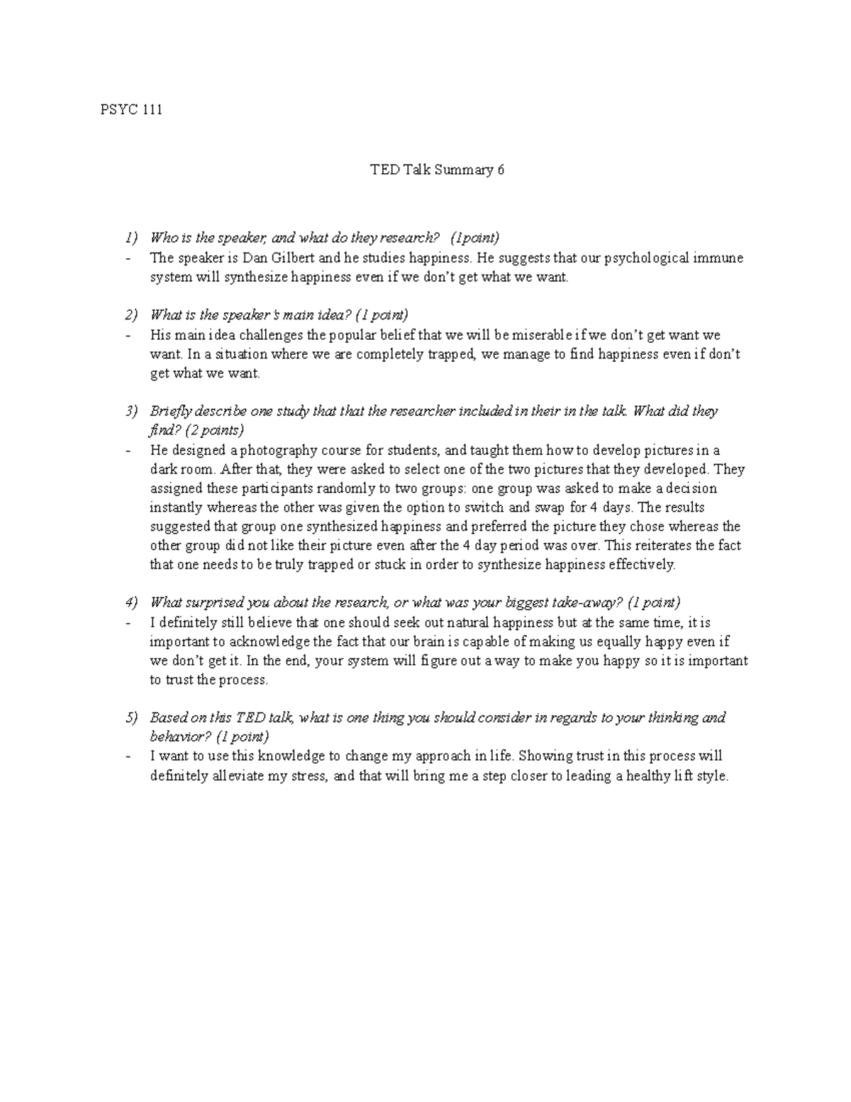 PSYC 111- Ted Talk 6 - Instructor: Sara Botto Assignment: Weekly ...