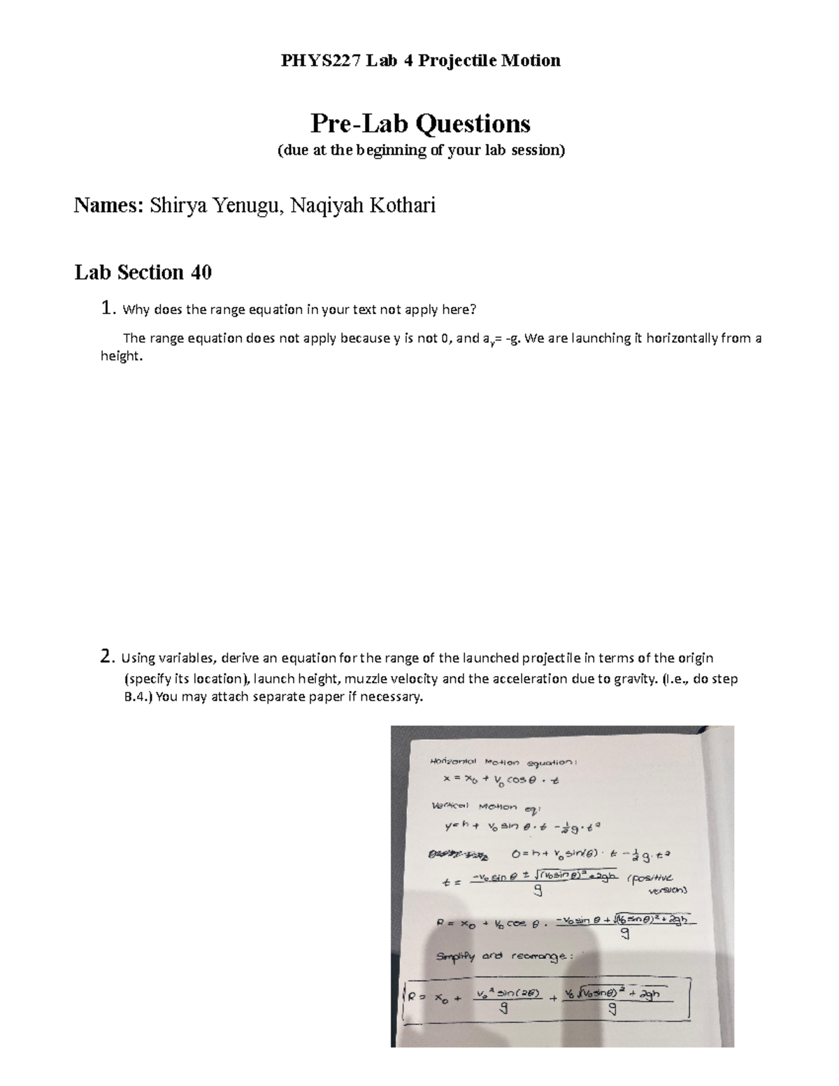 4 - Projectile Motion - notes - PHYS227 Lab 4 Projectile Motion Pre-Lab ...