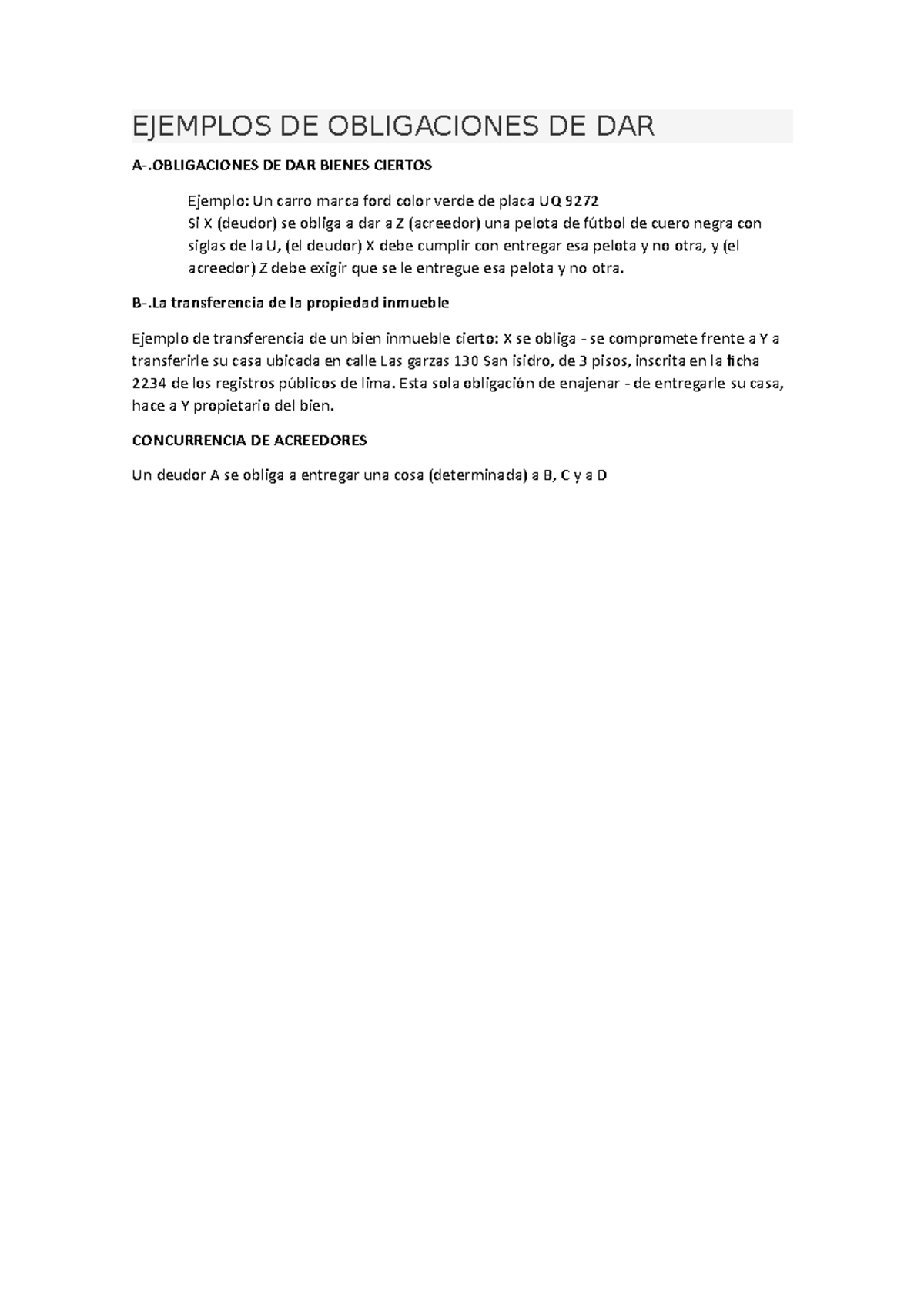 Ejemplos DE Obligaciones DE DAR - EJEMPLOS DE OBLIGACIONES DE DAR A- DE ...