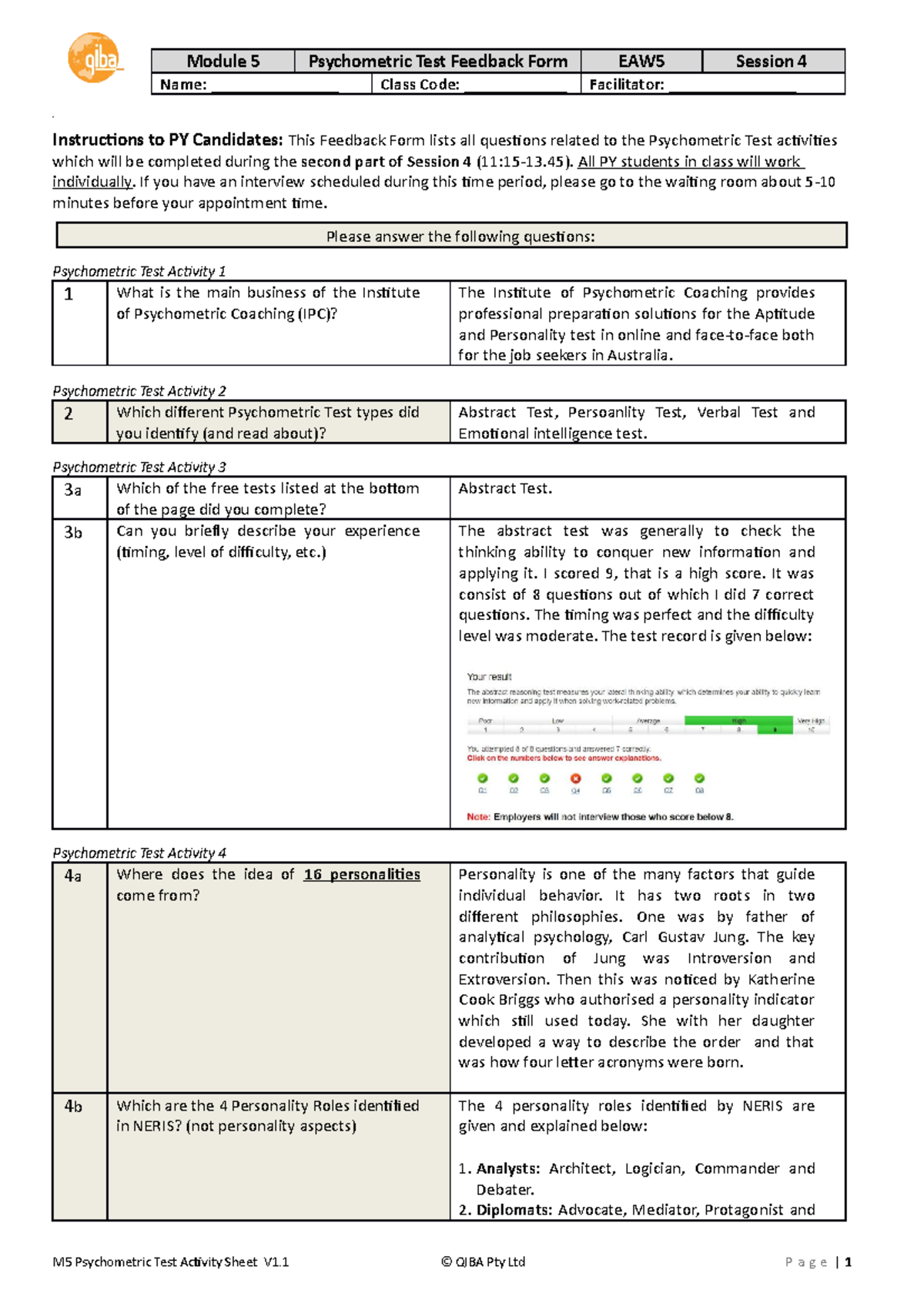 M5S4 Psychometric Test Feedback Form Richa - Name ...