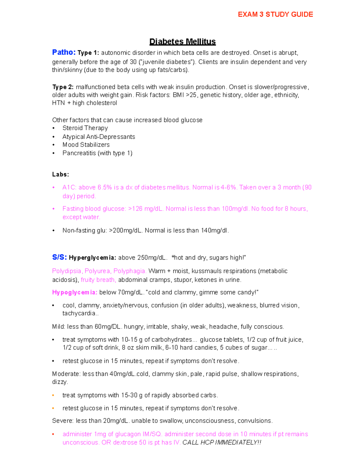 Exam 3 170 study guide - EXAM 3 STUDY GUIDE Diabetes Mellitus Patho ...