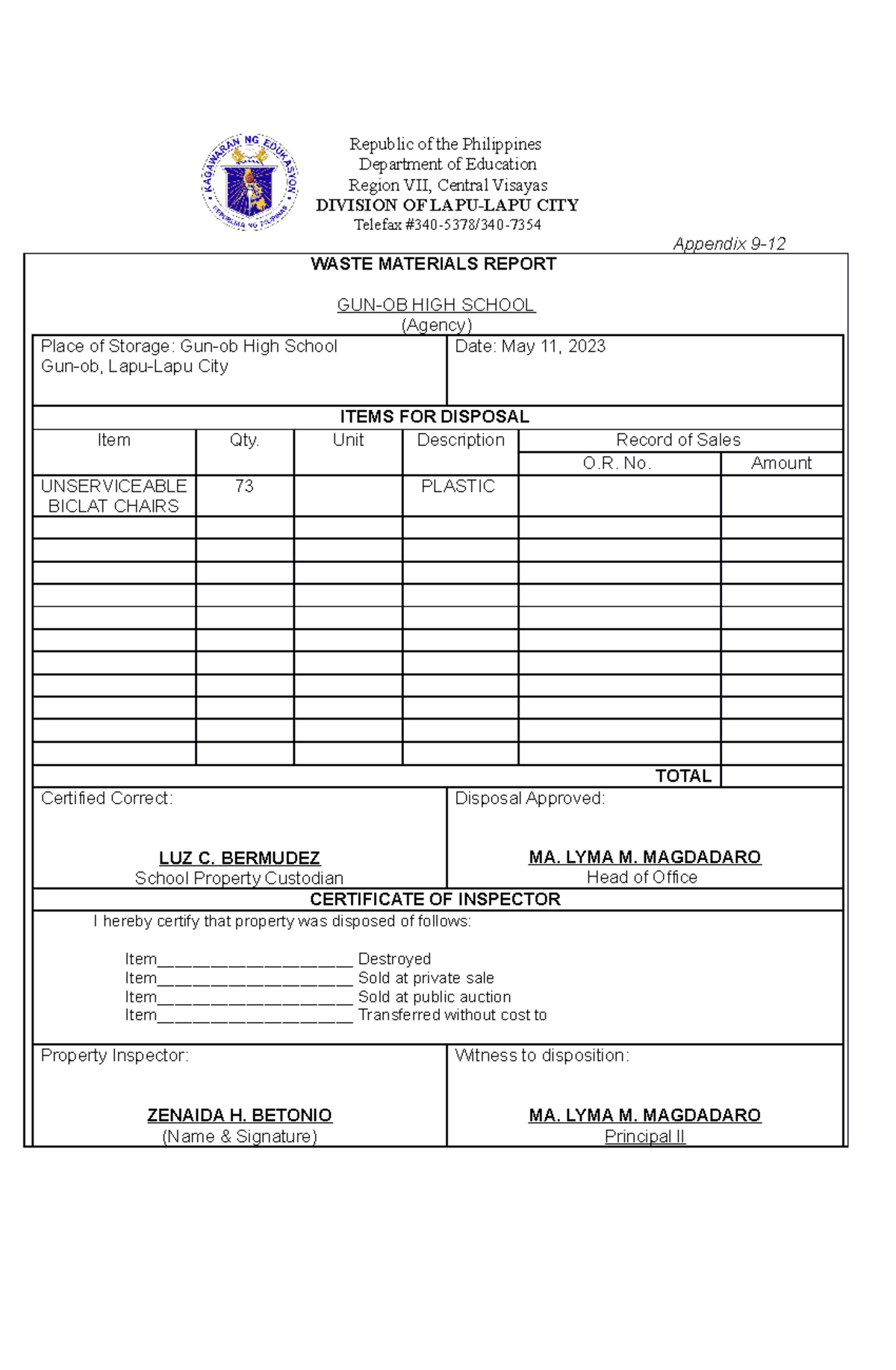 Waste- Material- Report- Biclat- Chairs - Republic of the Philippines ...