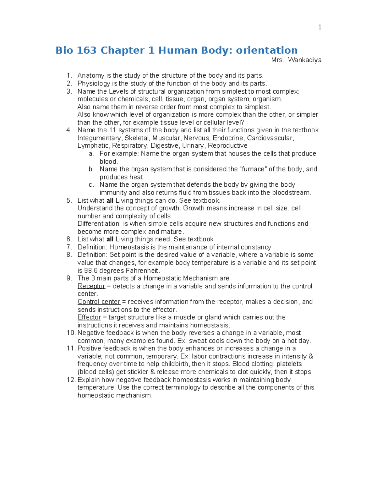 Chapter 1 Human Body Orientation - Bio 163 Chapter 1 Human Body ...
