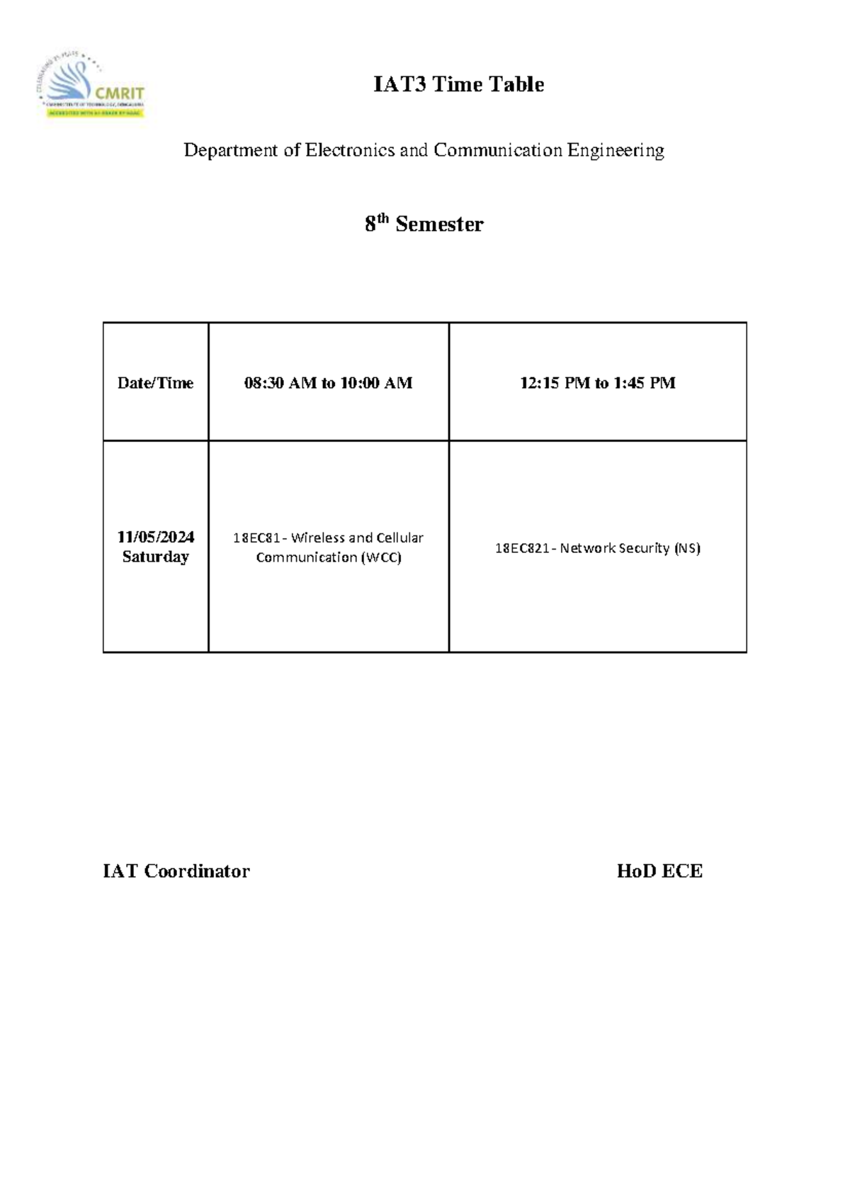 IAT3 Time Table 8th Sem - Element Of Electronics Engineering - IAT3 ...