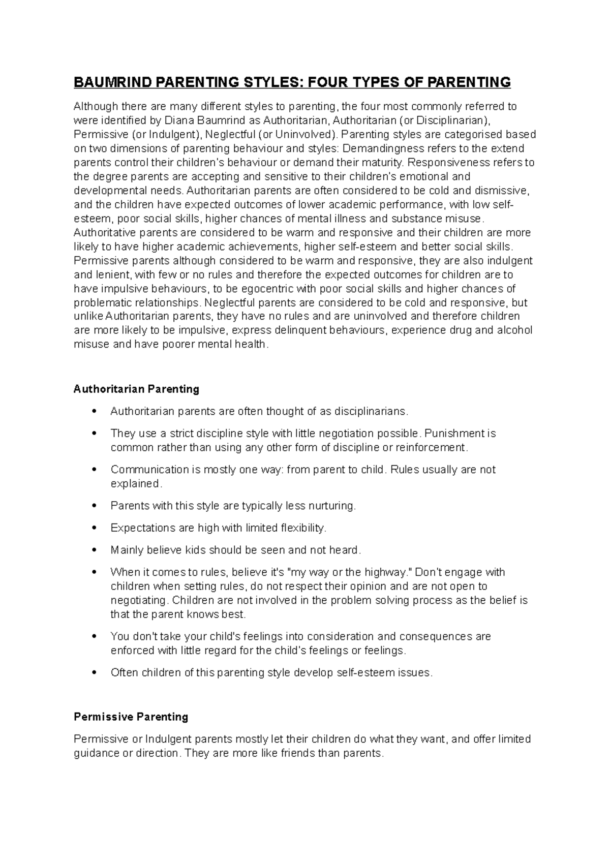 Baumrind Parenting Styles: Four Types of Parenting - Studocu