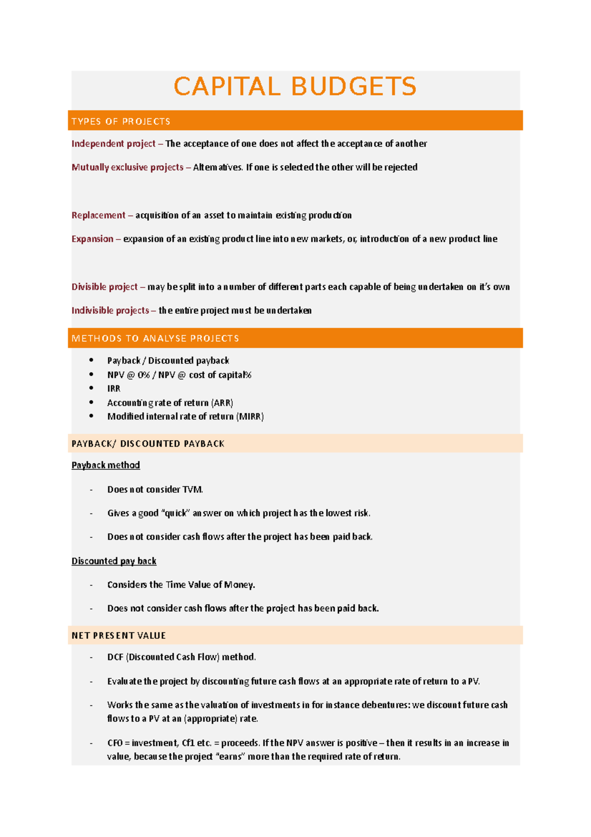 Capital Budgets - Notes - CAPITAL BUDGETS TYPES OF PROJECTS Independent ...