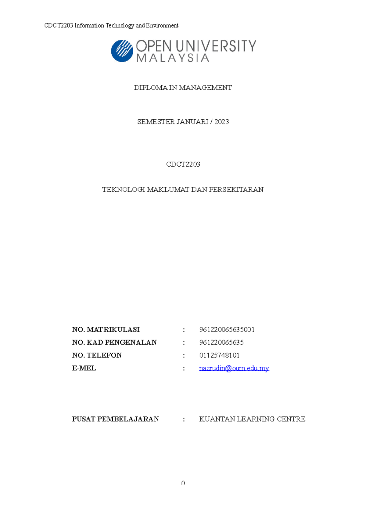 CDCT 2203 Nazrudin NA'IM Assignment - DIPLOMA IN MANAGEMENT SEMESTER ...