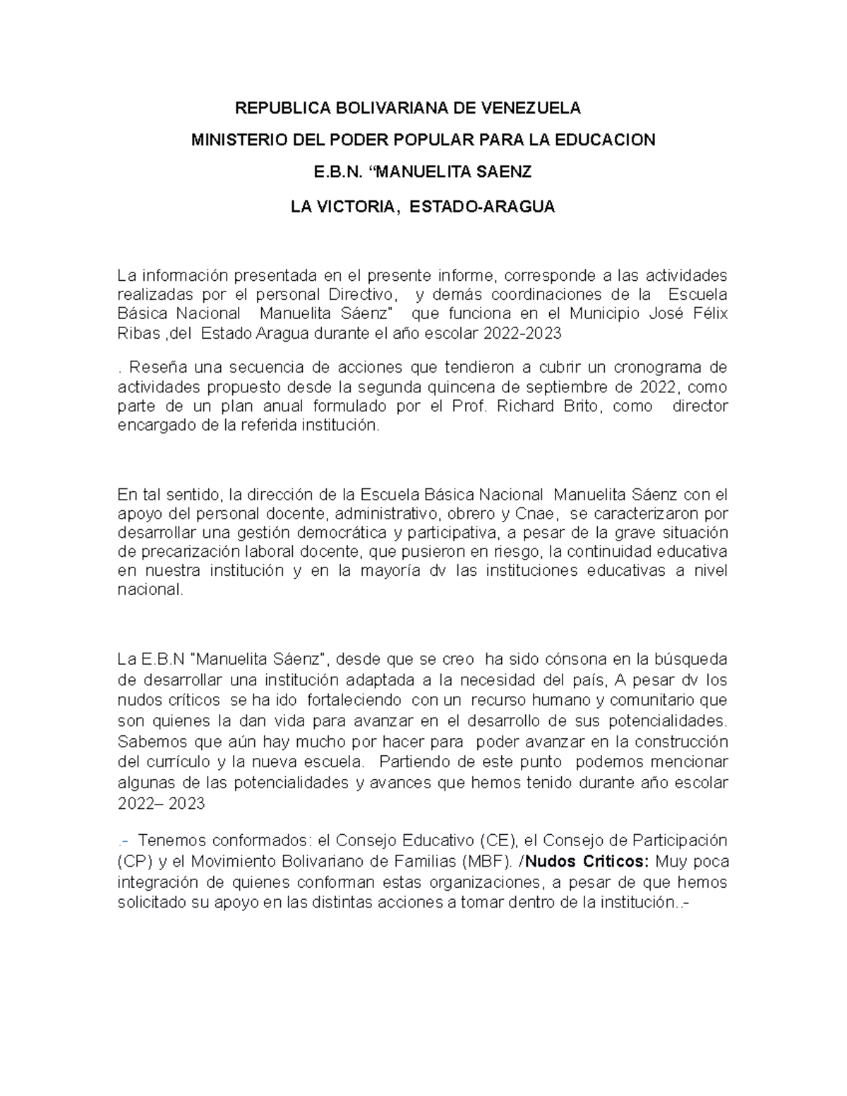 Informe de gestion 2022-2023 - REPUBLICA BOLIVARIANA DE VENEZUELA MINISTERIO DEL PODER POPULAR ...