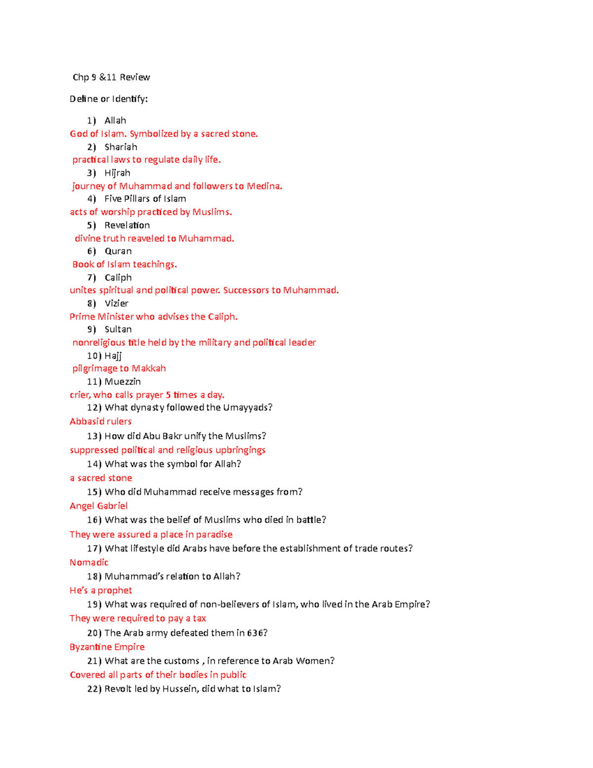 Islam and china - Review Sheet - Chp 9 &11 Review Define or Identify ...