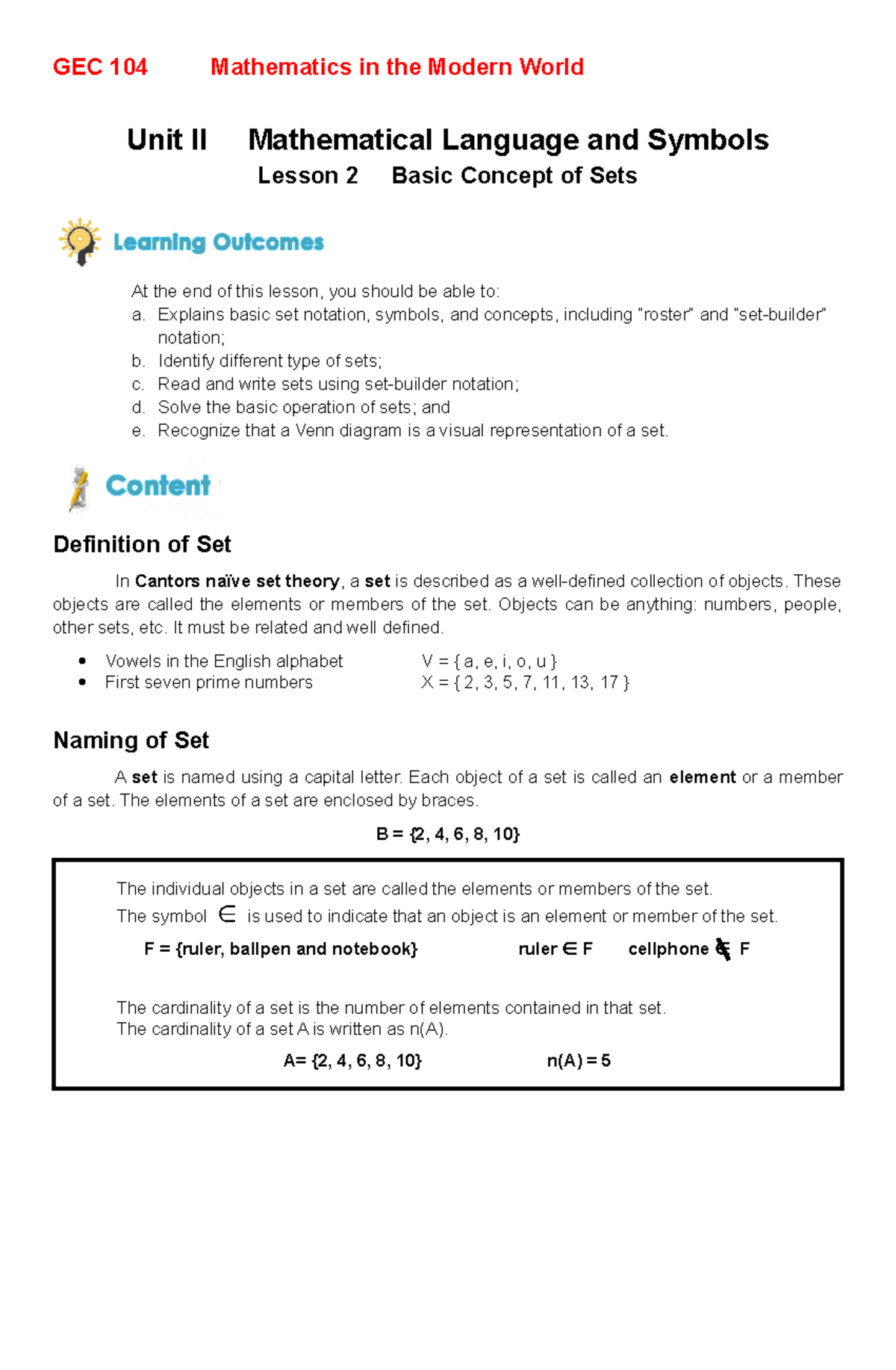 GEC 104 Weeks 4-5 - Basic Concept of Sets - GEC 104 Mathematics in the ...