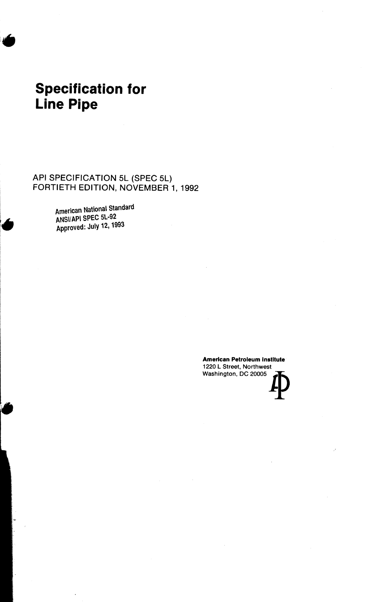 API 5L Specification for Line Pipe (1992) - Well Construction and ...