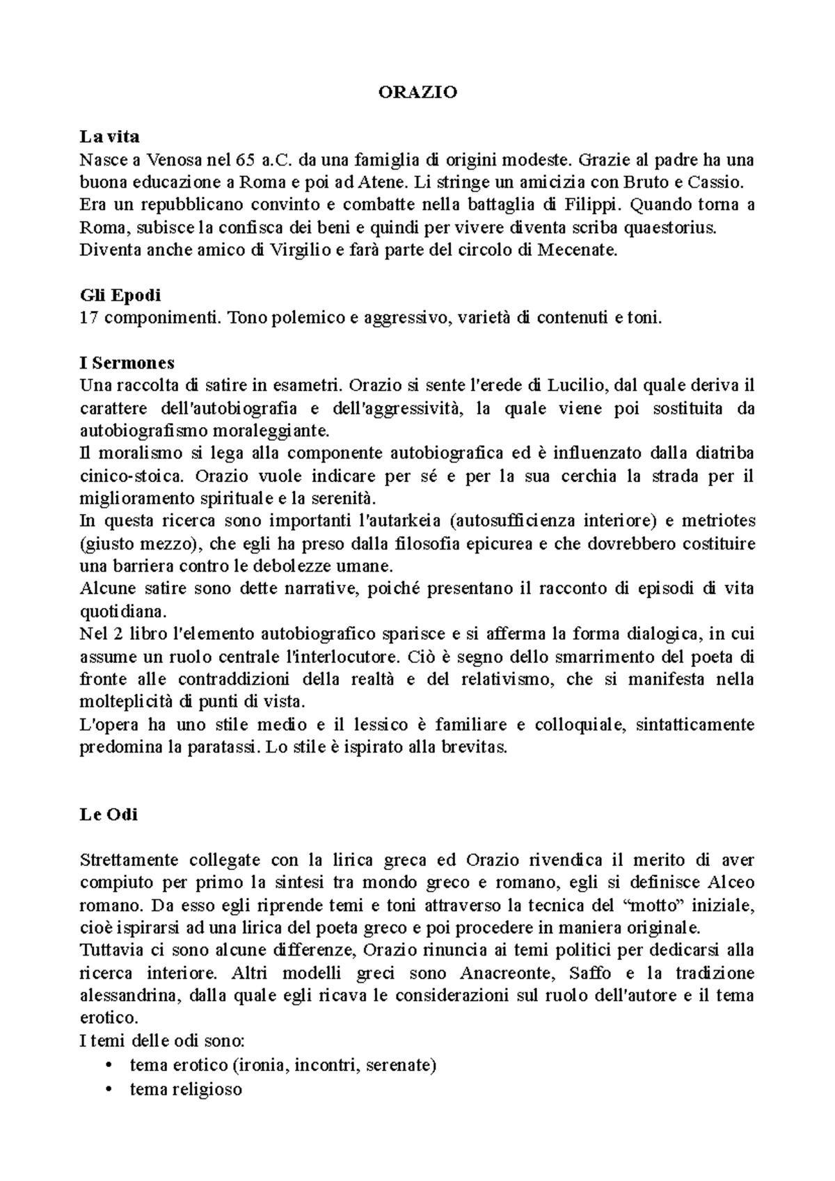 Orazio Riassunto - ORAZIO La vita Nasce a Venosa nel 65 a. da una ...
