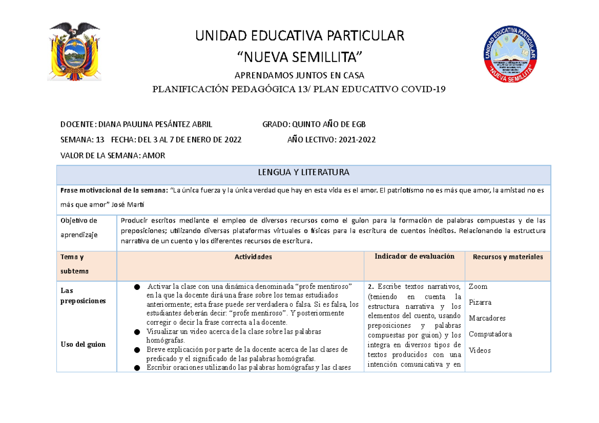 Planificacion Semana 13 Quinto DE Básica SUPERIOR - “NUEVA SEMILLITA ...