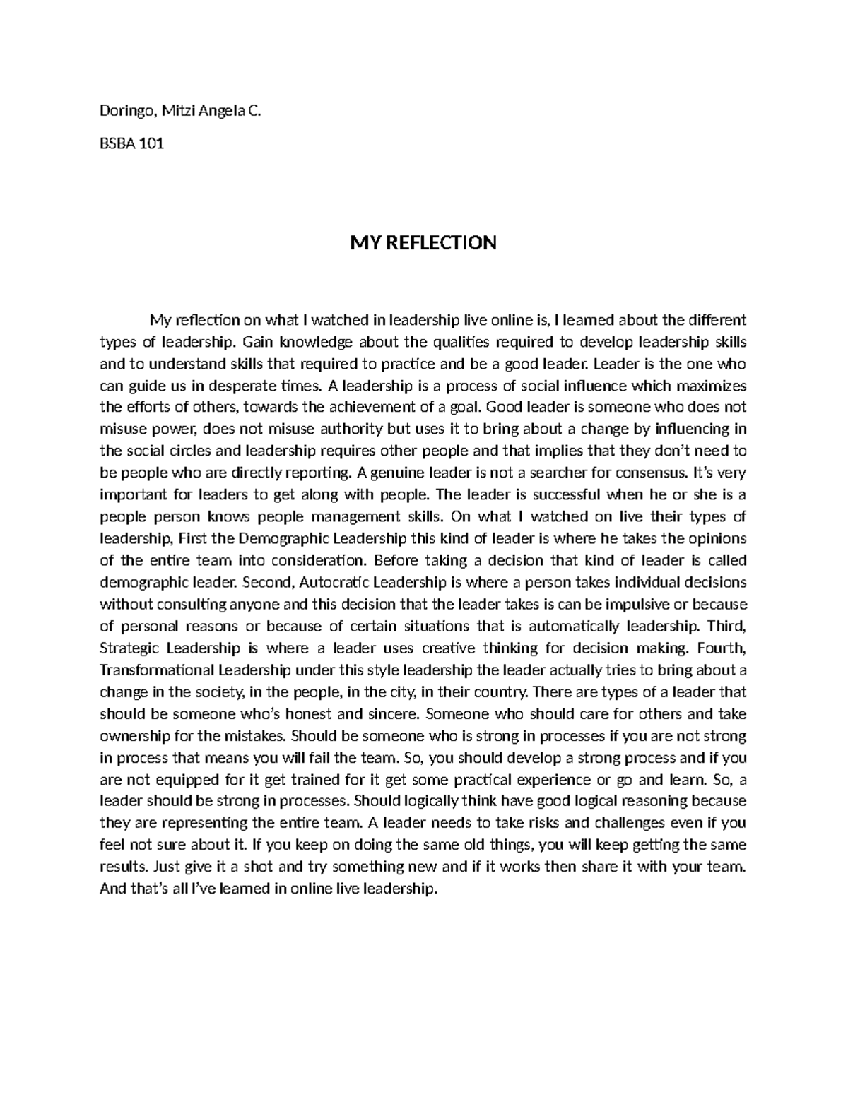 Reflection - Doringo, Mitzi Angela C. BSBA 101 MY REFLECTION My reflection on what I watched in ...