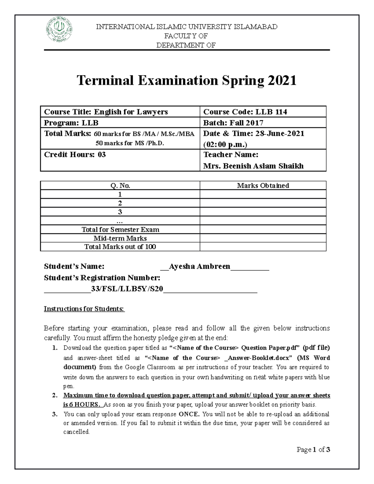 English Final Examination Answer Sheet Spring 2021 - INTERNATIONAL ...