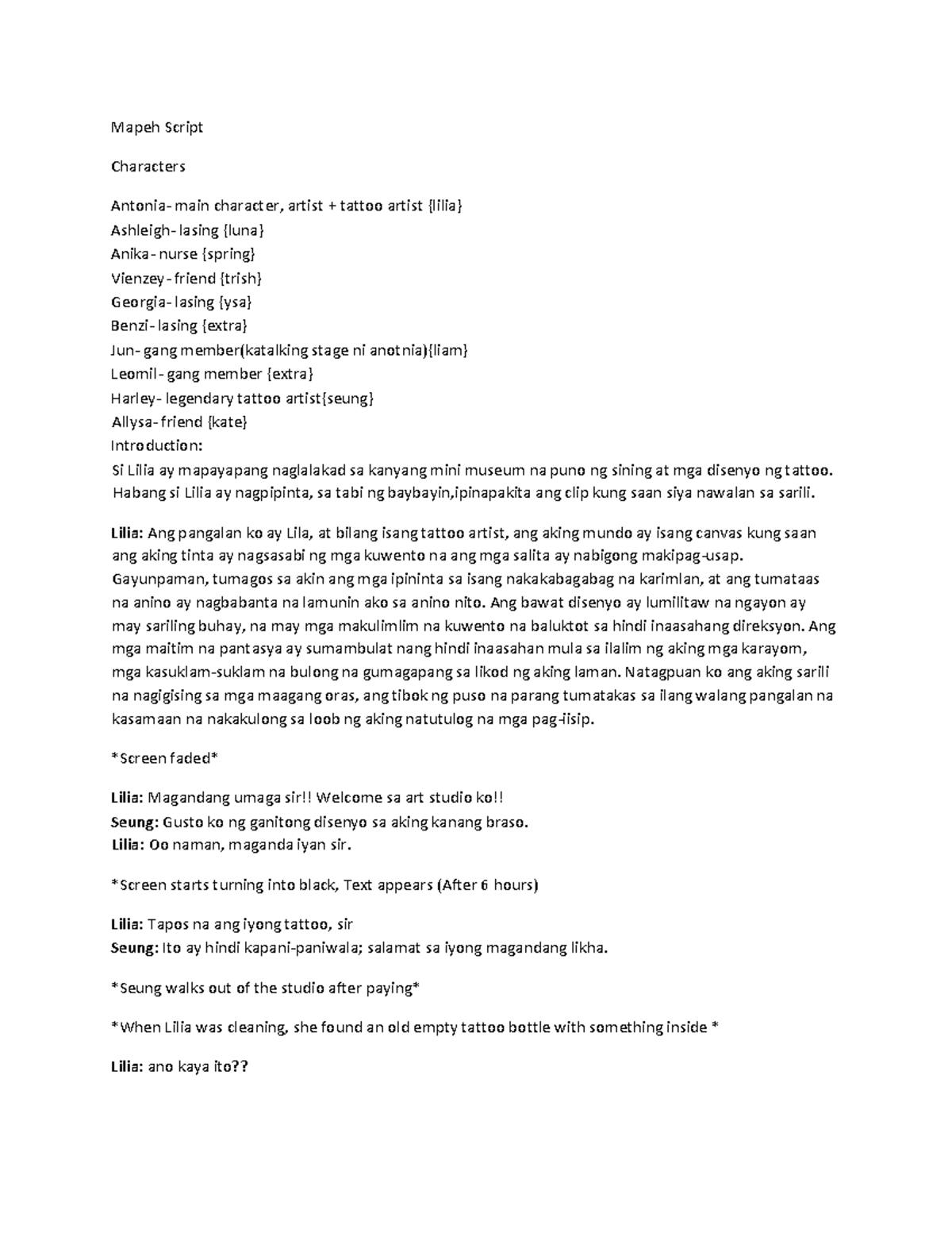 Mapeh-script - Mapeh Script Characters Antonia- main character, artist + tattoo artist {lilia ...