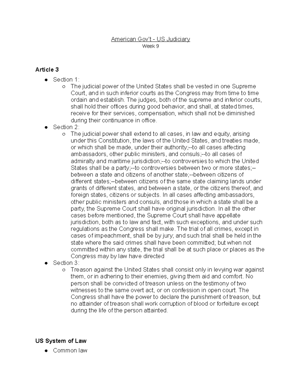 US Judiciary - Article 3: Sections 1-3, US system of law, types of ...